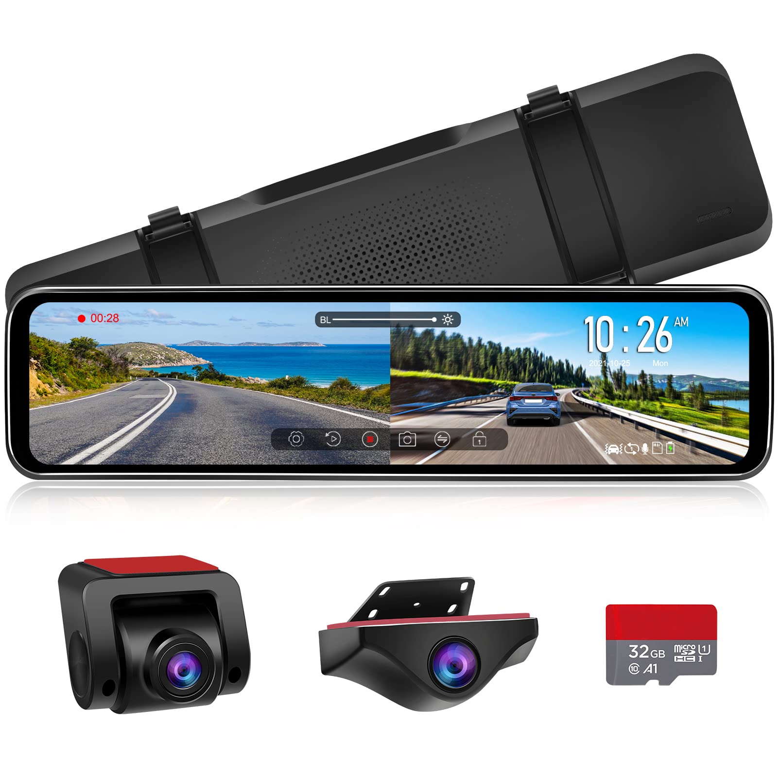 URVOLAX Mirror Dash Cam Backup Camera,11''Rear View Mirror Camera with Detached Front and Rear Cam for Car,Anti Glare Full HD Split Screen 1296P,Night Vision,Parking Assist,GPS,SD Card