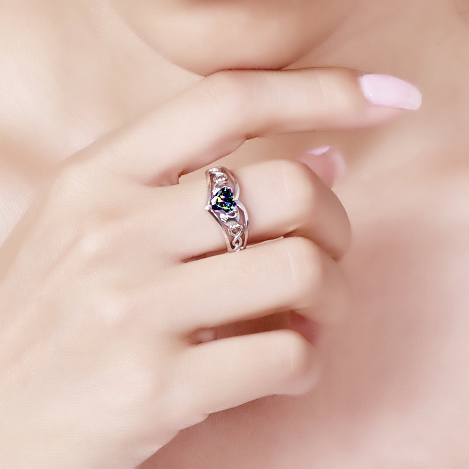 Psiroy 925 Sterling Silver Plated Created Rainbow Topaz Filled Claddagh Rings for Women Size 8