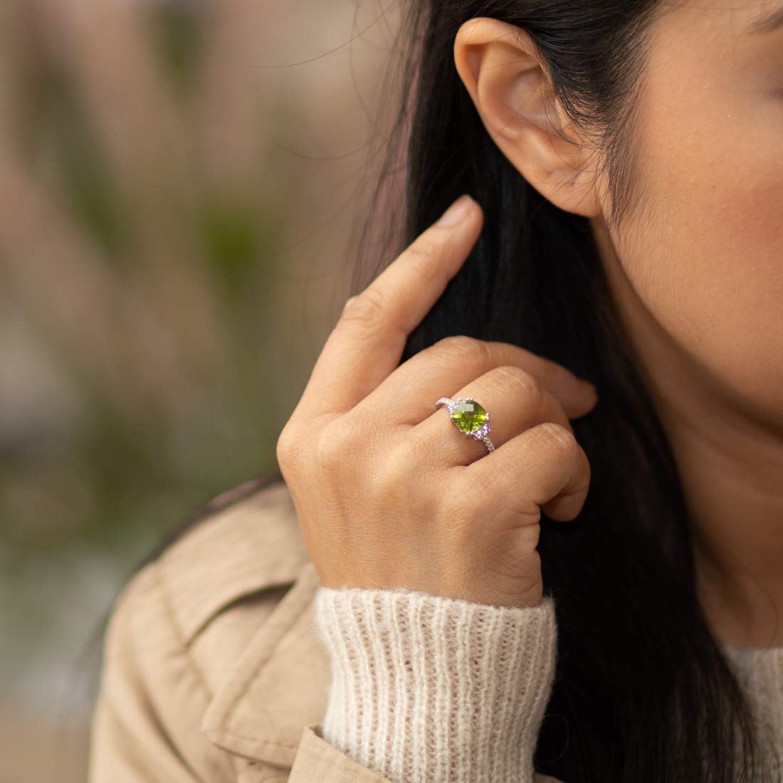 PEORA Peridot Ring for Women in 14K White Gold with White Topaz, Natural Gemstone Birthstone, Designer 2.53 Carats total, 8mm Cushion Cut, Comfort Fit, Size 5