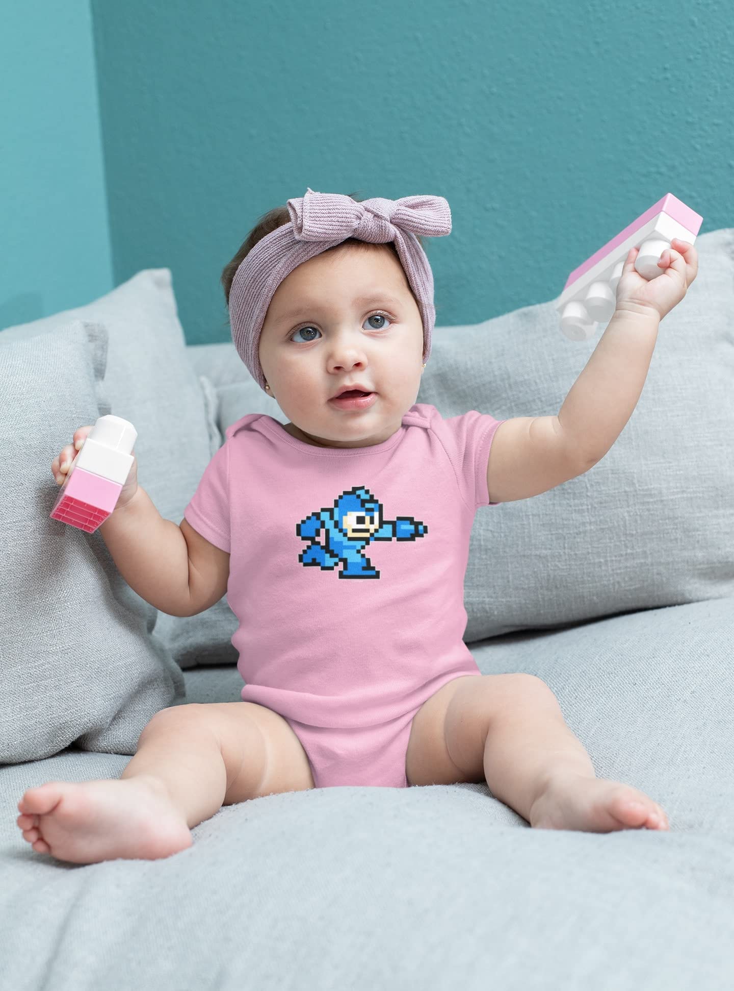 Pop Threads Mega Man 8 Bit Running Baby Bodysuit Boy Megaman Video Game Girl Infant Gifts Light Blue 6M