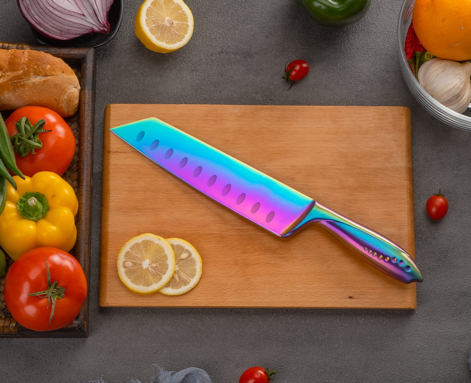 WELLSTAR Kiritsuke Chef Knife 8 Inch, Razor Sharp German Steel Blade and Comfortable Handle with Rainbow Titanium Coated for Kitchen Food Cutting Slicing Dicing, Asian Vegetable Meat Cooking Knife