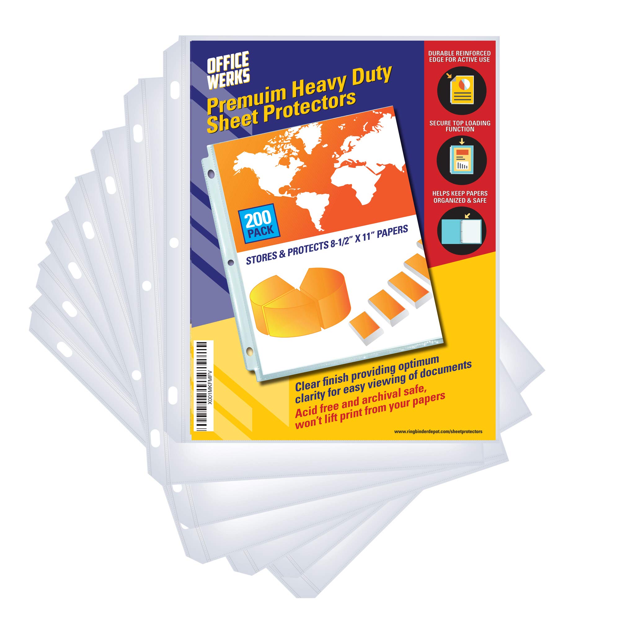 Office Werks 100 Sheet Protectors, Heavy Duty 8.5 X 11 Inch Clear Page for 3 Ring Binder, Plastic Sheet Sleeves, Durable Top Loading Paper Protector with Reinforced Holes Archival Safe