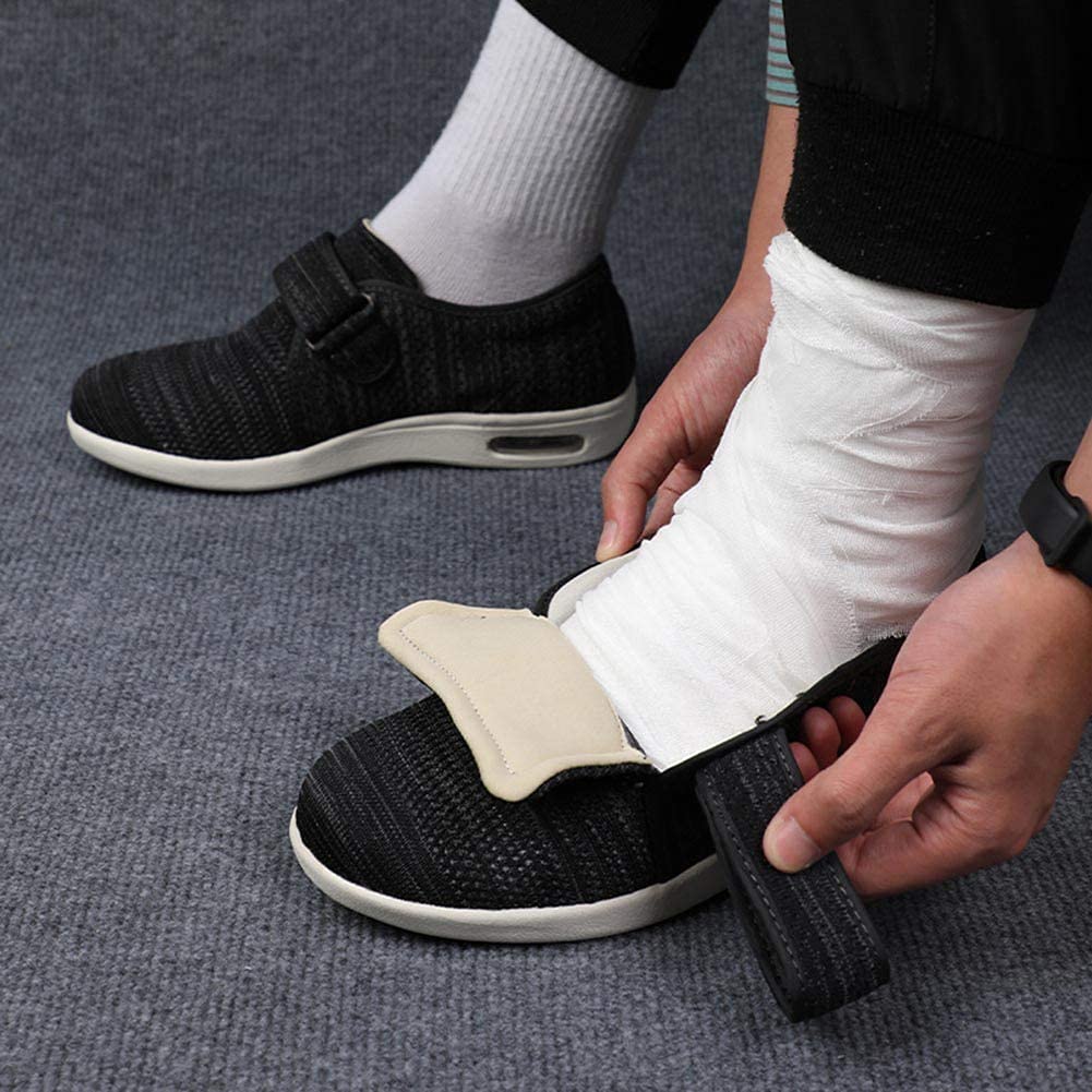 W&Le-Slippers Women's Wide Width Walking Shoes with Adjustable Closures, Air Cushion Breathable Mesh Sneakers for Elderly Diabetic Edema Swollen Feet(BK-GY,7) Black-Grey