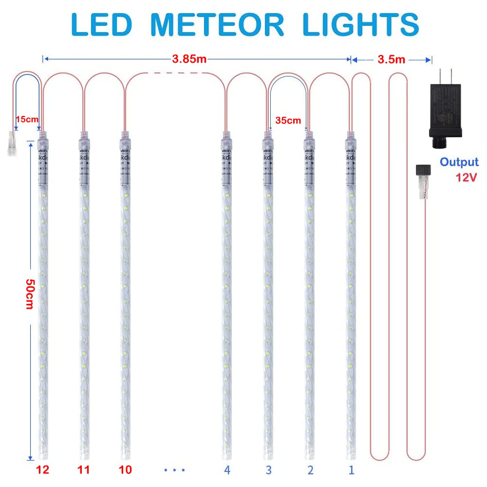 Vikdio Meteor Shower Rain Lights, 50cm 12 Spiral Tubes 648 LEDs 3.85m Lit Length Waterproof Snowfall LED Lights for Wedding Christmas Garden Tree Home Decor, Support 3 Sets Connected (White)
