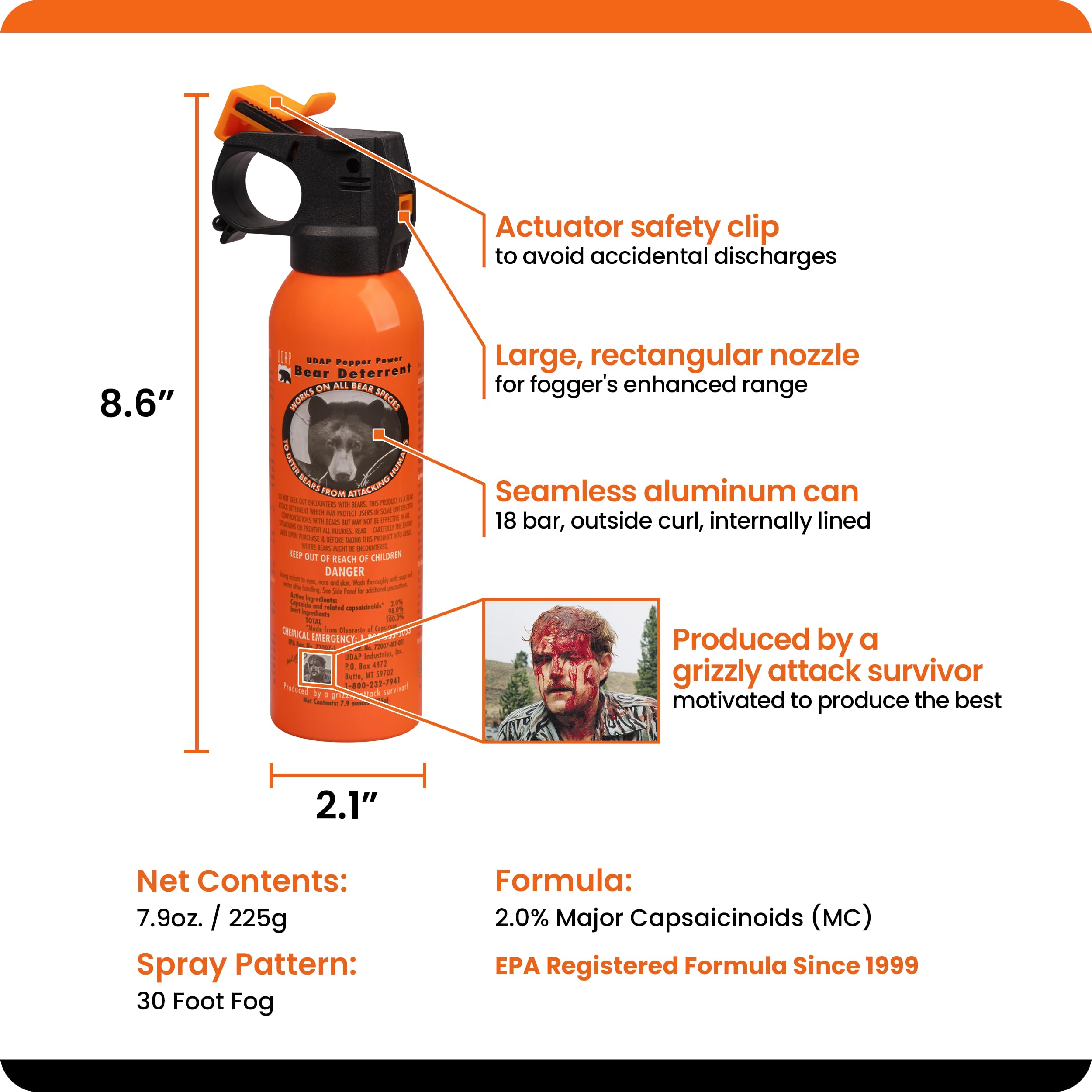 UDAP Pepper Power Bear Spray Self Defense Deterrent with Griz Guard Holster for Camping, Hiking, Fishing, Powerful Blast Pattern, 30 ft Fog Barrier, Safety Orange, SOG, 7.9 oz