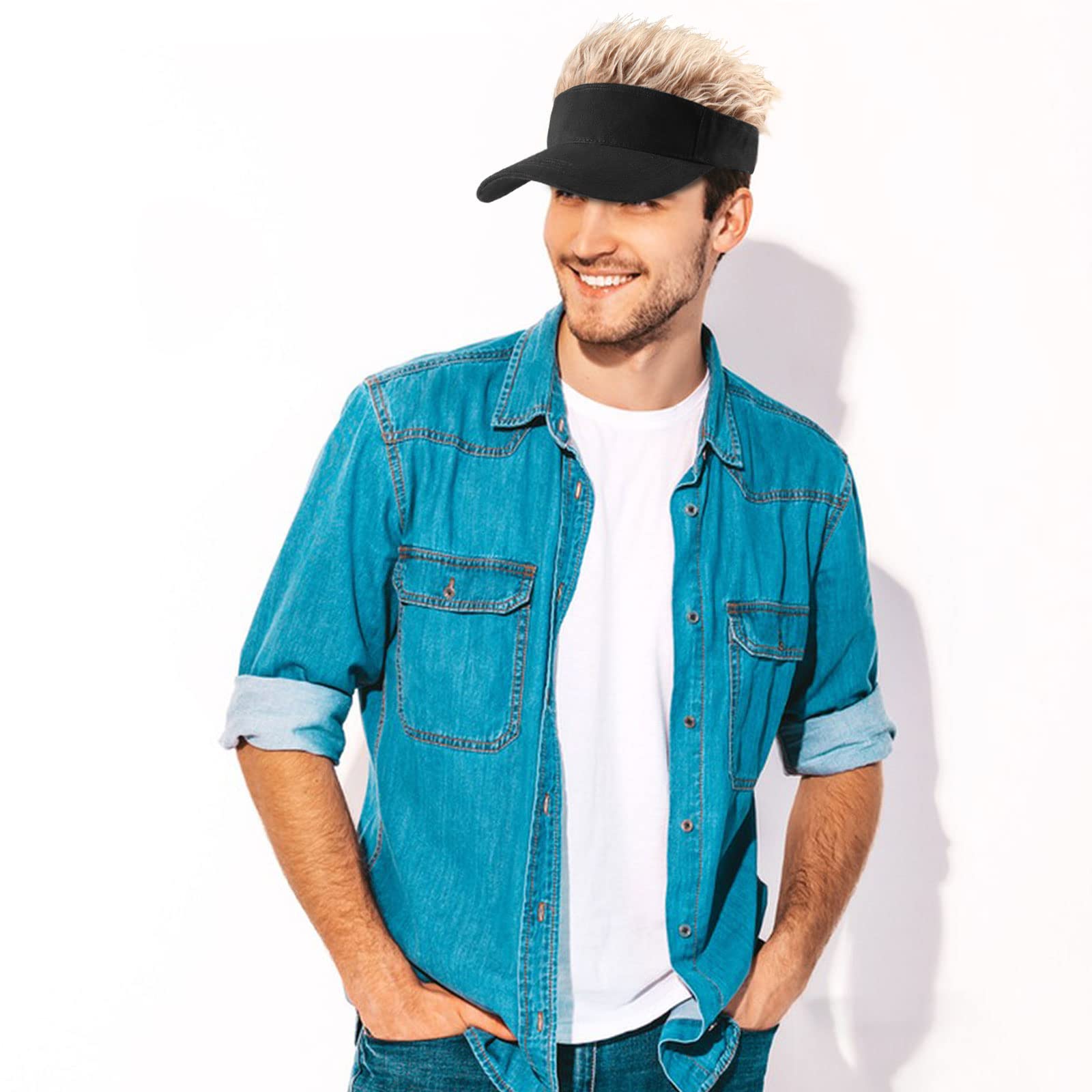 Regilt Adjustable Sun Visor Hat with Wig Spiked Hairs Fashion Baseball Golf Cap for Men & Women (3pcs-Black Gray)