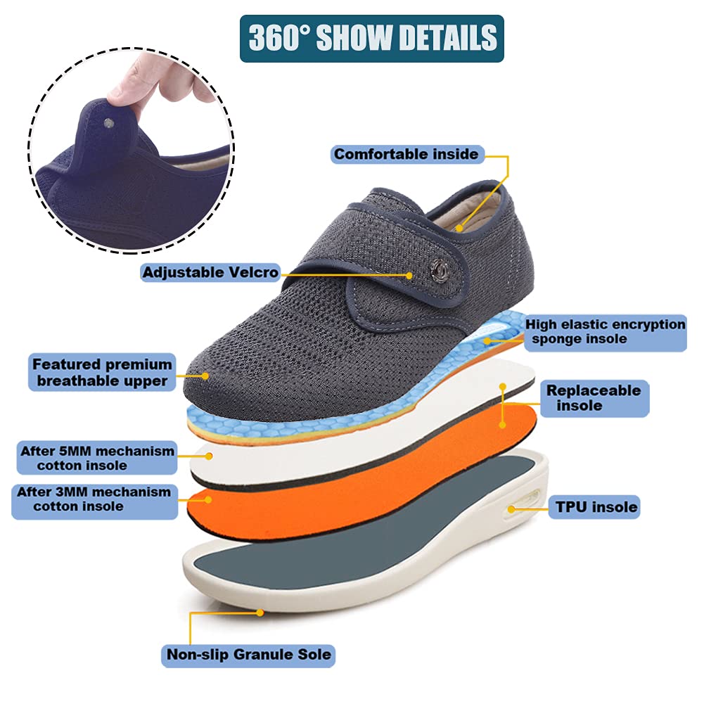 W&LESVAGO Women's Wide Width Diabetic Elderly Shoes Mesh Breathable Walking Sneakers Non-Slip Lightweight Adjustable Easy On and Off Strap for Swollen Feet(9#,Grey)