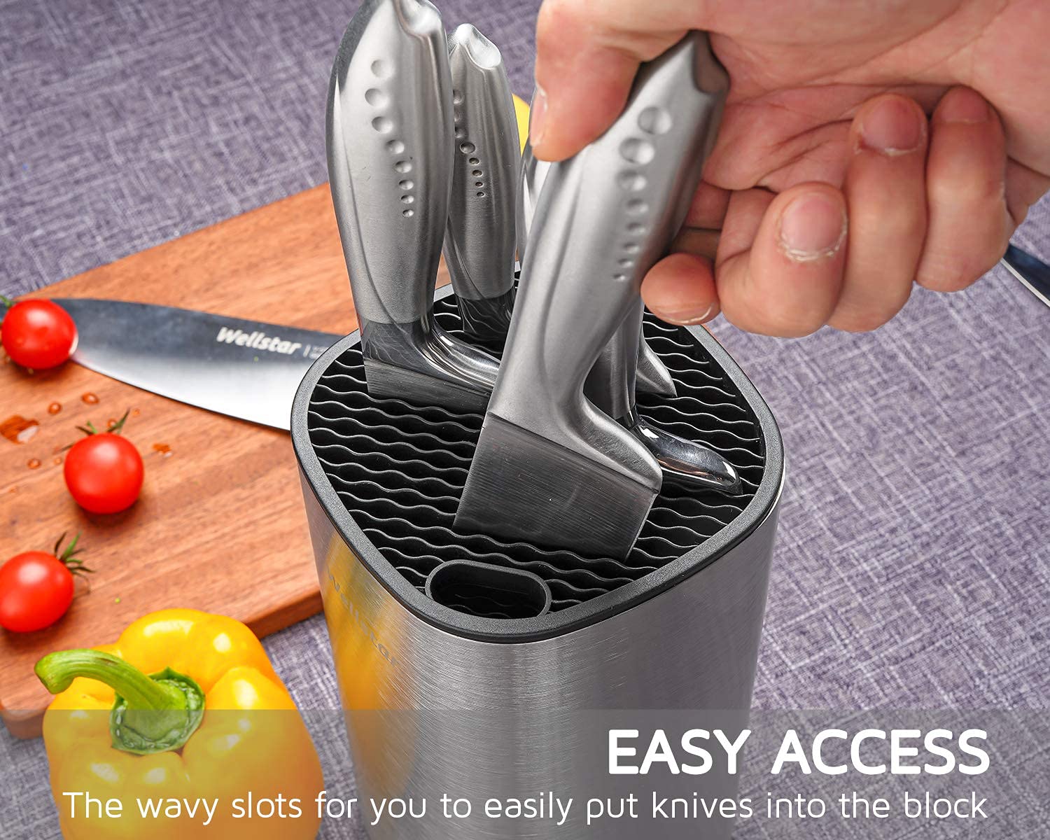 WELLSTAR Sharp Kitchen Knives 5 Piece Set, Chef Carving Bread Utility Paring Knife + Come Apart Heavy Duty Chicken Meat Scissors Shears with German Stainless Steel Blade + Universal Knife Block Holder