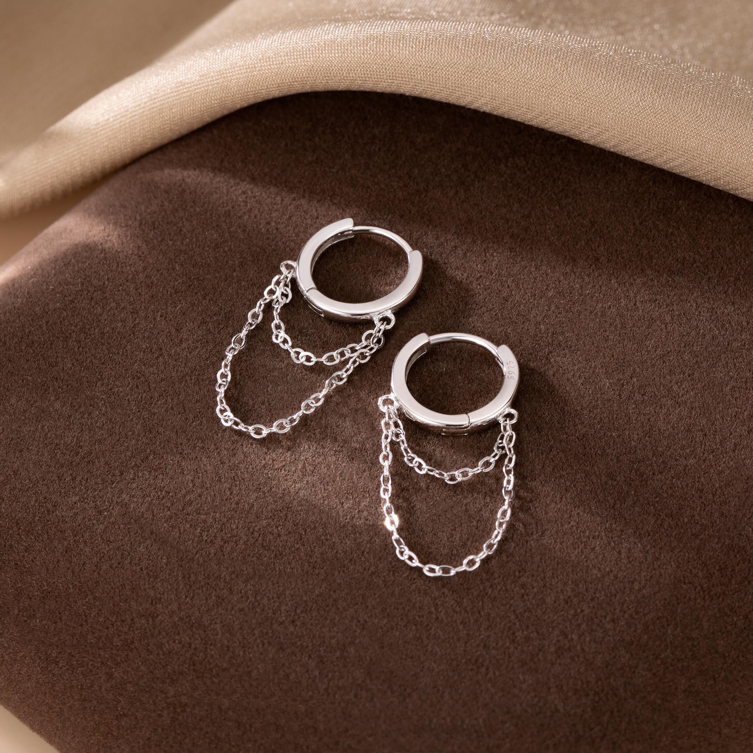 Reffeer 925 Sterling Silver Tassel Chain Drop Dangle Small Hoop Earrings Huggie for Women Teen (Silver)