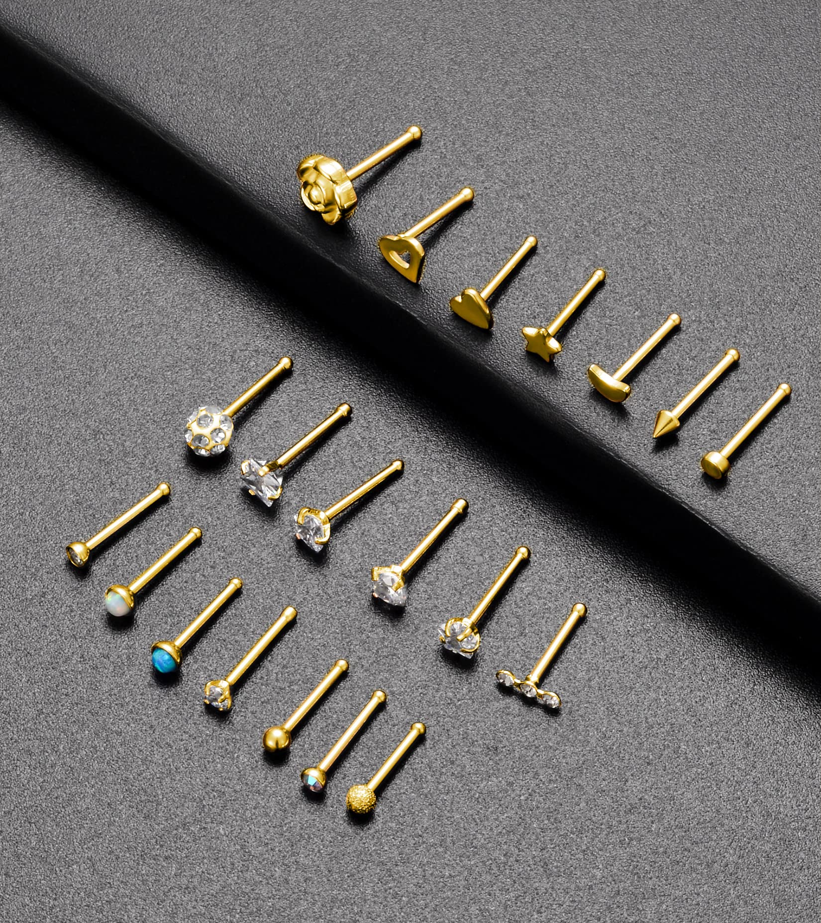 Tornito 20G 20Pcs Nose Ring CZ Nose Stud Retainer L Bone Screw Shaped Nose Piercing Jewelry Set for Women Men Stainless Steel Rose Gold Tone (D:20Pcs,Bone Shaped, Gold Tone)