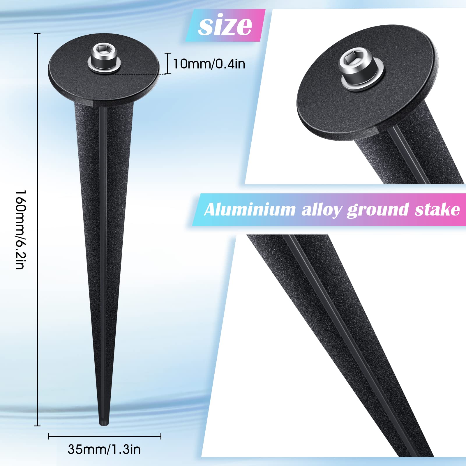 Zhengmy 4 Packs Threaded Spike Flood Light Ground Stake Metal Replacement Stakes for Solar Lights Outdoor LED Solar Light Stakes with 4 Hex Screws for Gardens Yard Path Lawn 6.3 Inches(Black)