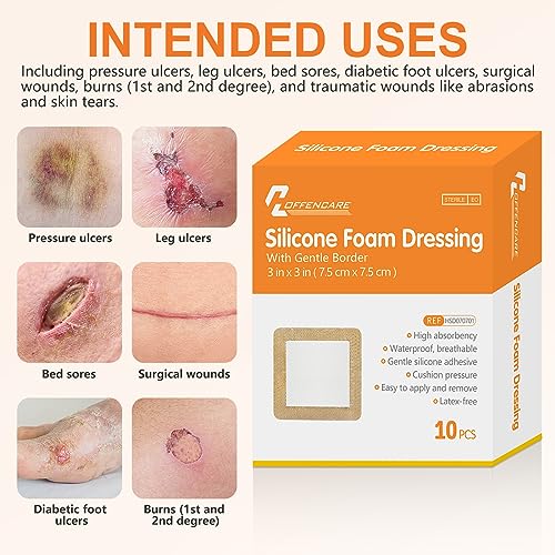 Silicone Adhesive Foam Dressing with Gentle Border 3''x3'' - 10 Pack High Absorbency Waterproof Wound Bandage for Bed Sores, Leg Ulcers, and Foot Diabetic Ulcers