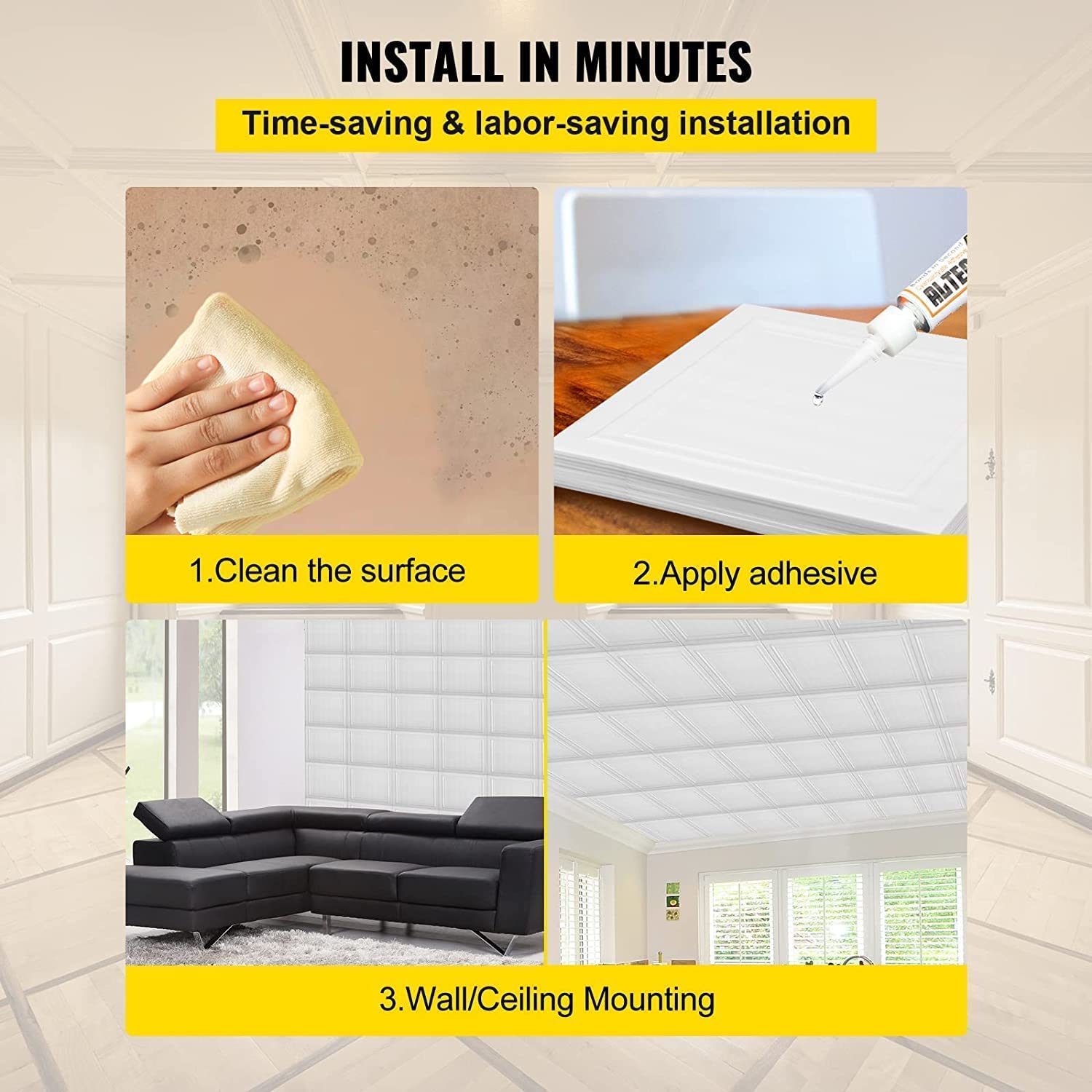 VEVOR Foam Ceiling Tiles, 19.7" x 19.7" Glue-up Ceiling Tiles, 100 pcs Lightweight Ceiling Tiles, 270 sq. ft Paintable Ceiling Tiles, 1/5" Thick Lay-in Ceiling Tile Pack for Roof and Wall Decoration