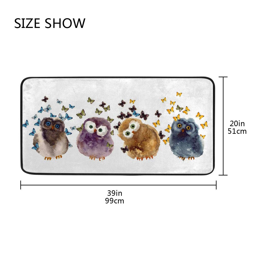 ZHIMI Kitchen Rug Anti Fatigue Kitchen Floor Mat Watercolor Owls with Butterfly Standing Runner Long Carpet Non-Slip Laundry Rug Rectangle Entryway Mat 39 x 20 Inch