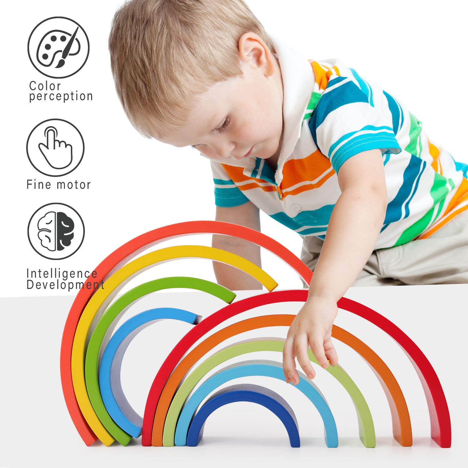QZMTOY Wooden Rainbow Stacker, Extra Large 12 Pcs Stacking Game, Nesting Puzzles Building Blocks Educational Toys, Shape Matching Learning Toy Set, Early Development Gift for Toddler Kids