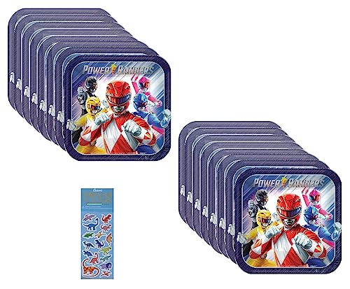 Power Rangers Birthday Party Supplies Bundle includes 16 Dessert Cake Paper Plates and 1 Dinosaur Sticker Sheet