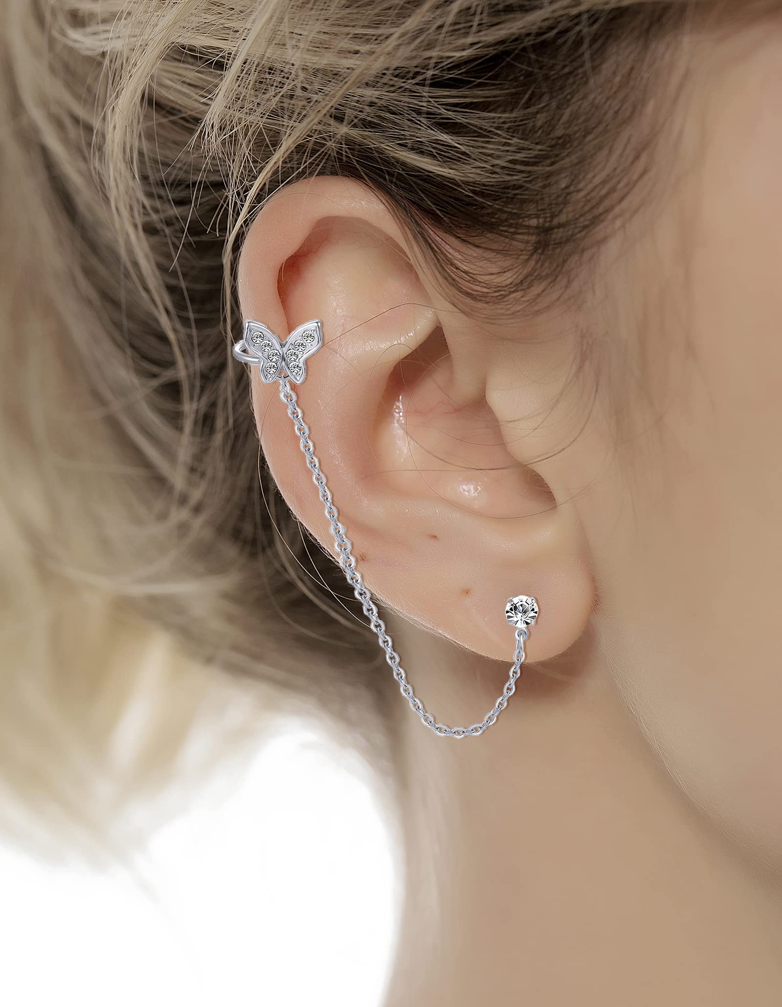 Tornito 6Pcs Cuff Earring Chain Leaf Snowflake Star Butterfly with CZ Crawler Climber Earring Studs Drop Dangling Chain Wrap Tassel Earring for Women Men 20G Silver Tone