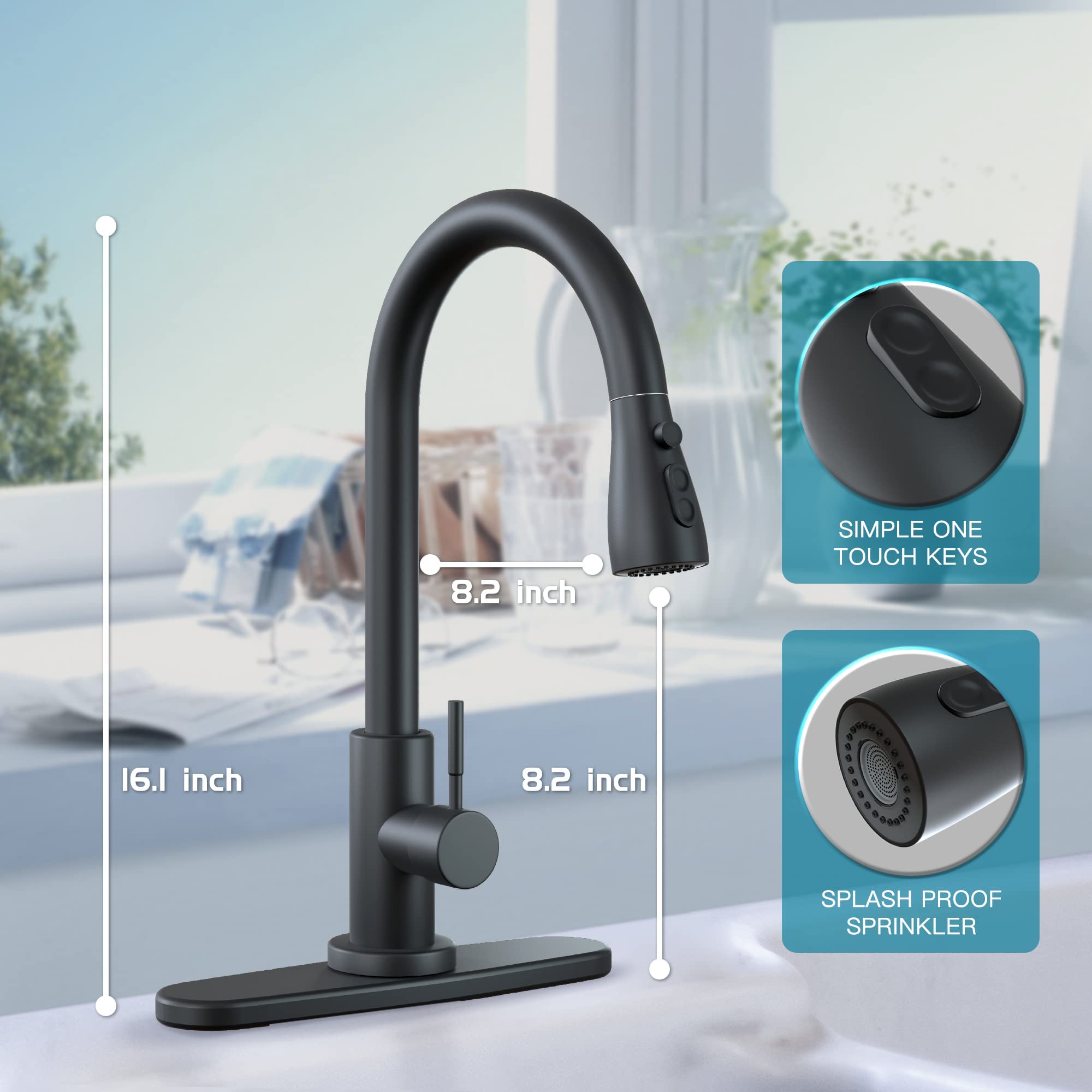 RBSTOSTO Black Kitchen Faucets-Kitchen Sink Faucet -Kitchen Faucet with Pull Down Sprayer-Stainless Steel-with Deck Plate 16 Inches RB999