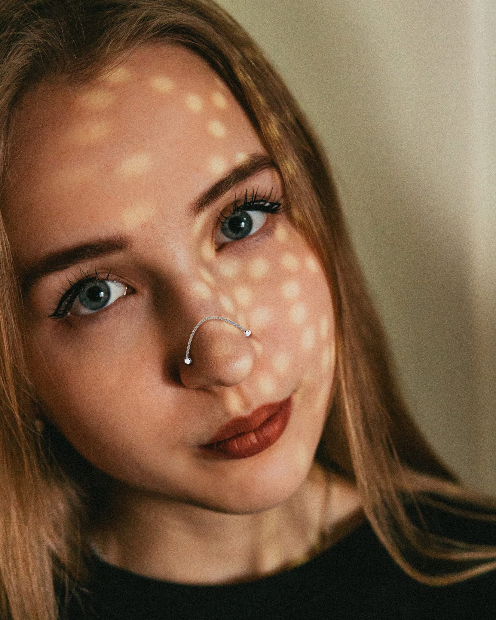 Tornito Nose Chain Piercing Across Double Nose Stud Chain CZ Heart Ball L Shaped Nose Chain 4.2CM Nostril Piercing Jewelry for Women Men 20G Silver Tone