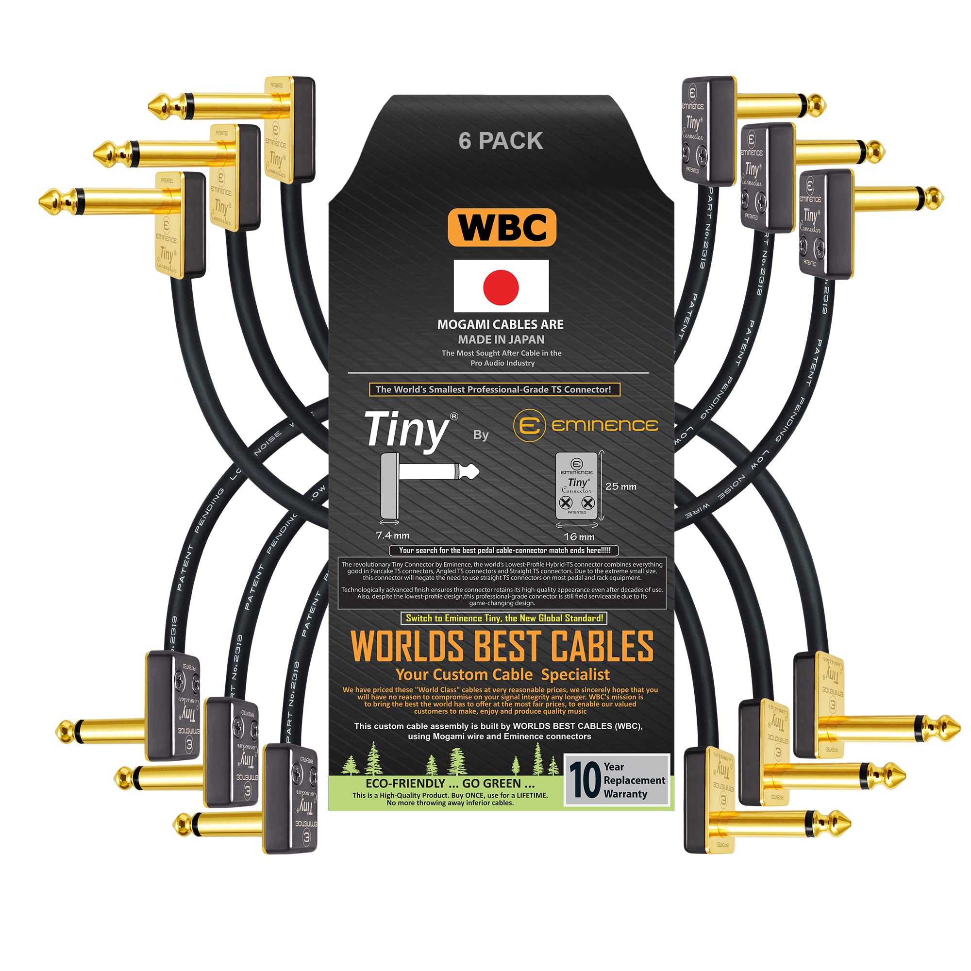 WORLDS BEST CABLES 6 Units - 8 Inch - Pedal, Effects, Patch, instrument cable CUSTOM MADE using Mogami 2319 wire & Eminence Tiny Gold-Plated Angled TS Connectors