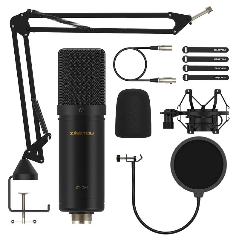 ZINGYOU XLR Condenser Microphone, Cardioid Studio Recording Mic Kit with Boom Arm, Shock Mount, Pop Filter, Windscreen and Cable Ties for Podcast, Voice Over, Vocal, Streaming, YouTube, CA1 (Black)