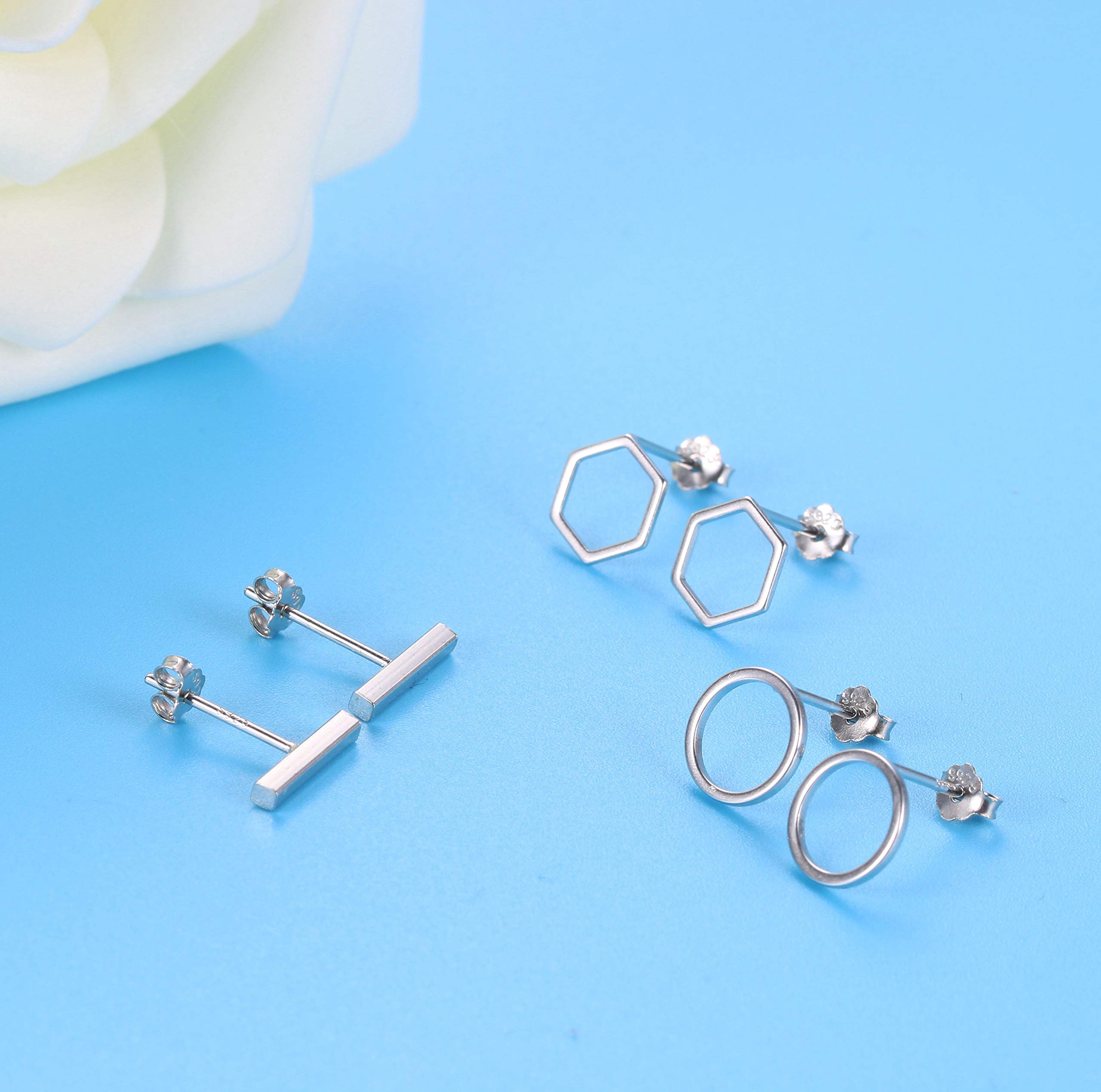 Sllaiss 3 Pairs 925 Sterling Silver Stud Earrings Set Bar Earrings Different Shapes
