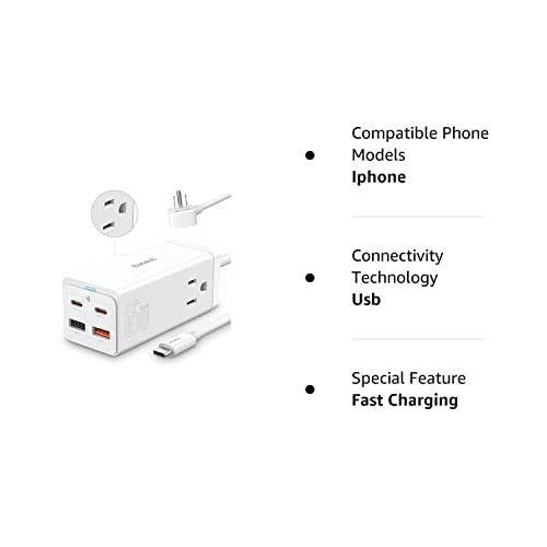 USB Power Strip Baseus PowerCombo 65W USB C Wall Charger with 2 Outlets & 3 Fast Charging Ports, USB C Charger Desktop USB Charging Station Multiple Compatible with MacBook Laptop iPhone Samsung iPad