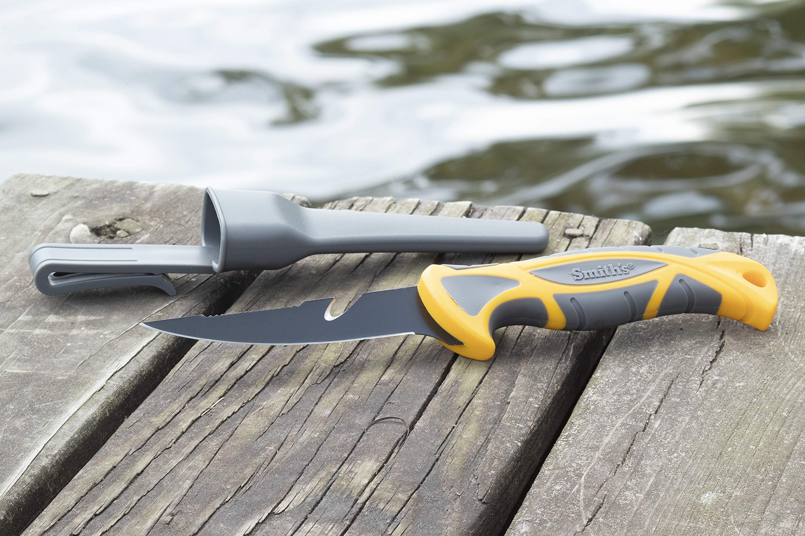 Smith’s 4” Lawaia Baitbreaker Fillet Knife w/ Gut Hook – Yellow & Grey – Corrosion-Resistant Stainless-Steel Blade - Serrated Edge - Plastic Sheath w/ Clip – Ergonomic Handle – Razor Sharp