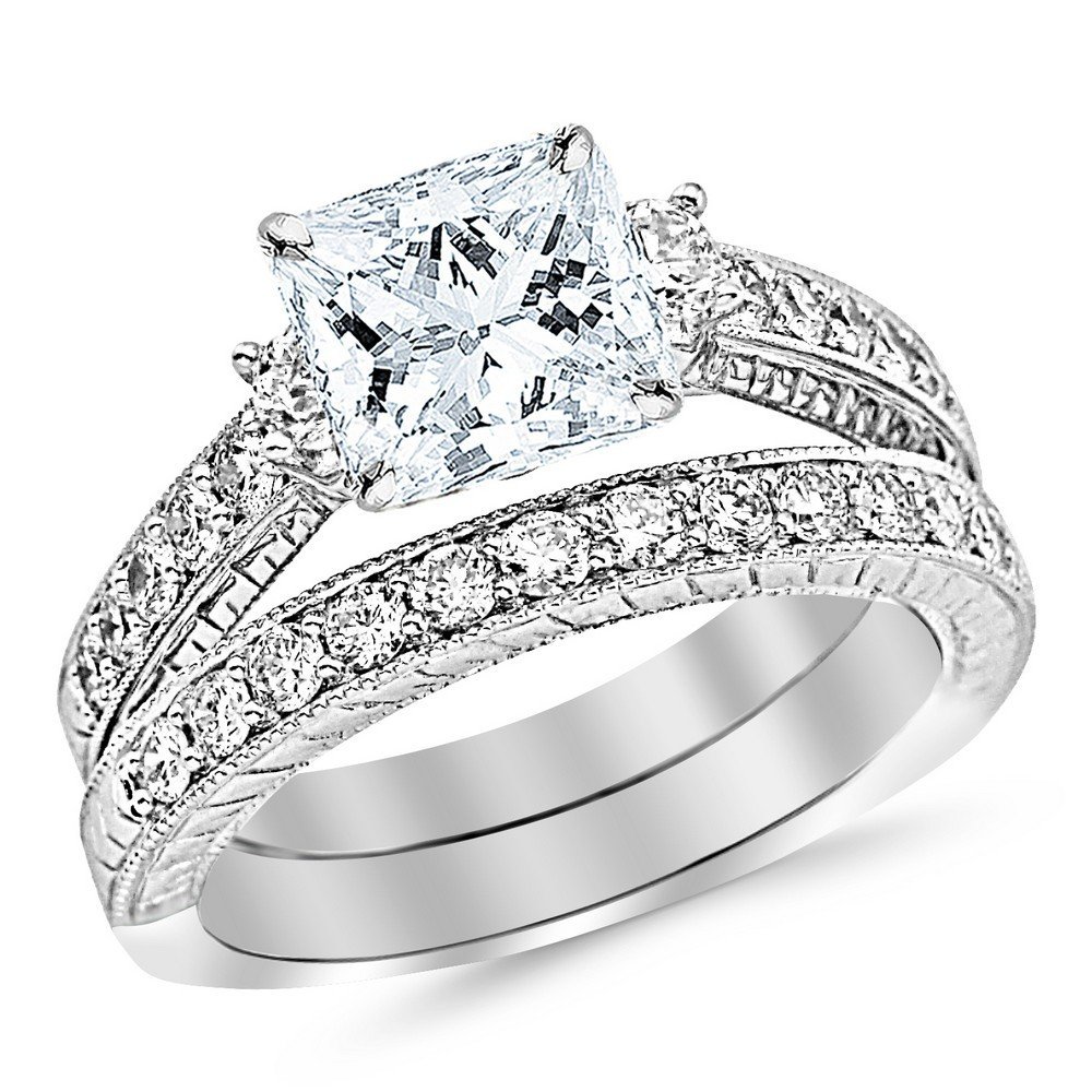 Platinum 1.84 CTW Three Stone Vintage With Milgrain & Filigree Bridal Set with Wedding Band & Diamond Engagement Ring w/ 0.81 Ct GIA Certified Princess Cut E Color VVS2-VS1 Clarity Center