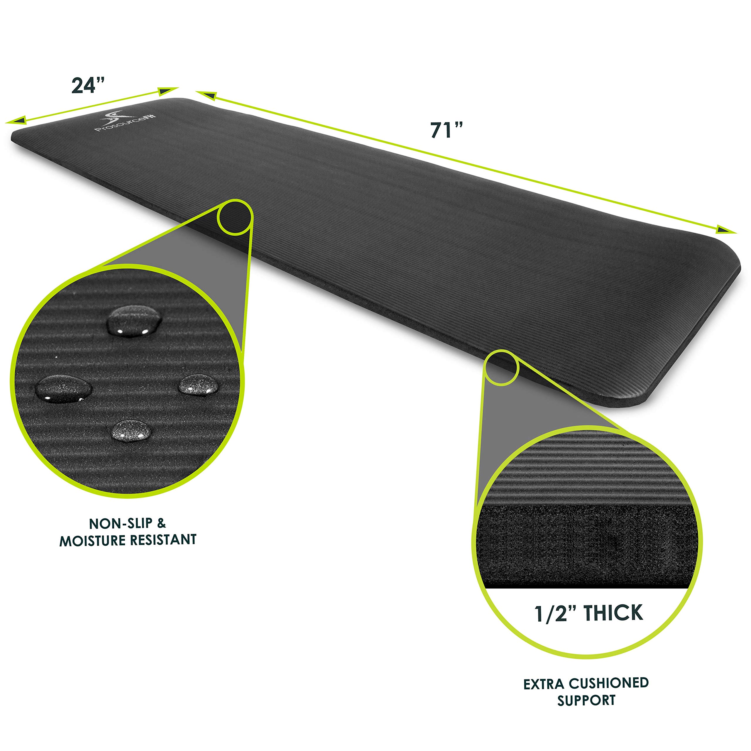 ProsourceFit 1/2 in Extra Thick Yoga Pilates Exercise Mat, Padded Workout Mat for Home, Non-Sip Yoga Mat for Men and Women, Black, 71 in x 24 in