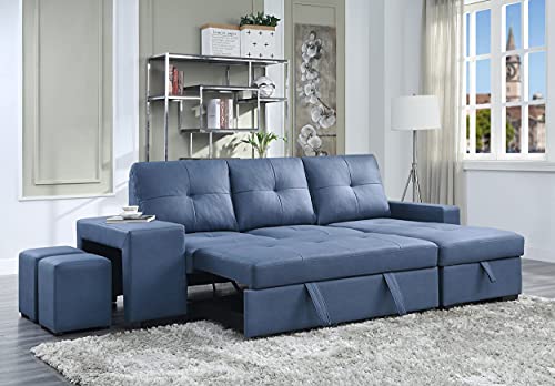 Sectional Sofa with Pull-Out Sleeper, HABITRIO Solid Wood&Blue Fabric Upholstered 97" L-Shaped Sofa Bed&Reversible Storage Chaise Lounge, Side Table Armrest w/ 2 Ottoman, Seating Couch for Living Room