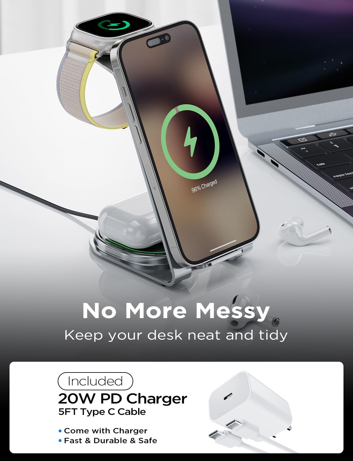 Wireless Charger, 3 in 1 Charging Station for Multiple Devices Apple, [Metal] 15W Fast iPhone Charging Station for iPhone 15/14/13/12/11/Pro/Max/Apple Watch/Airpods Pro
