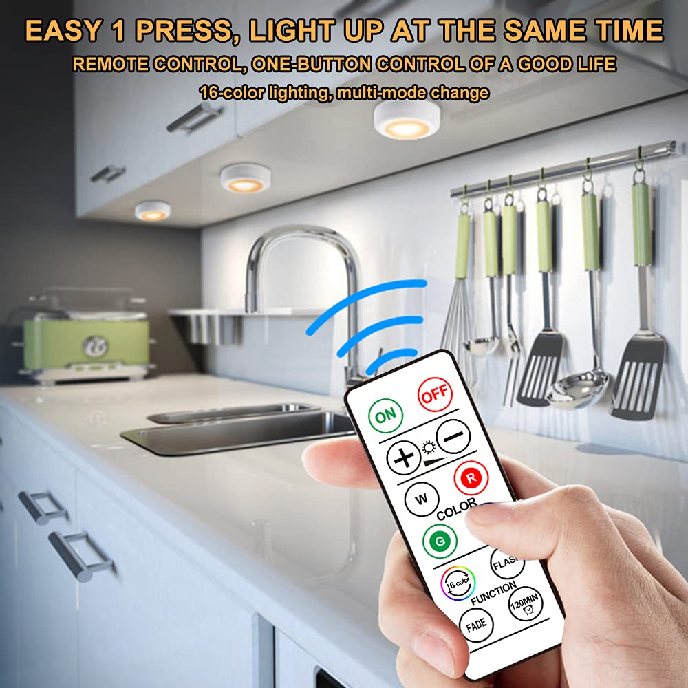 SIXDEFLY Wireless 16 Color Changing LED Puck Light 12 Pack LED Under Cabinet Lighting Closet Light Battery Powered Night Lights with Remote Control Dimmer & Timing Function
