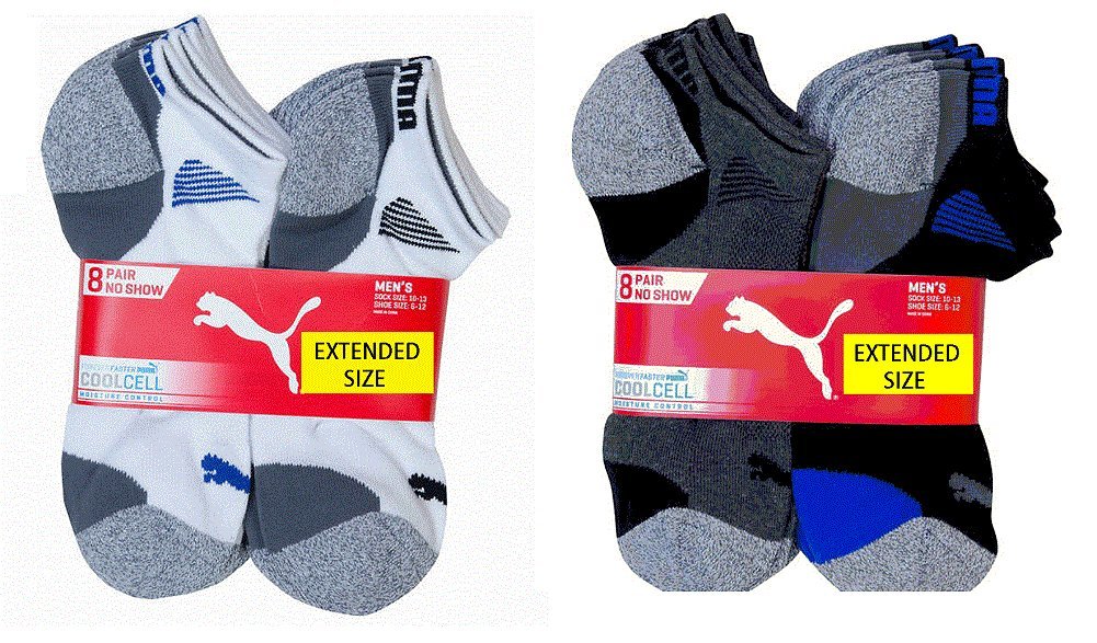 PUMA Men's No show Sport Socks, Moisture Control, Arch Support (8 Pair) (Extended Size - Shoe Size (12-16, Black-White)