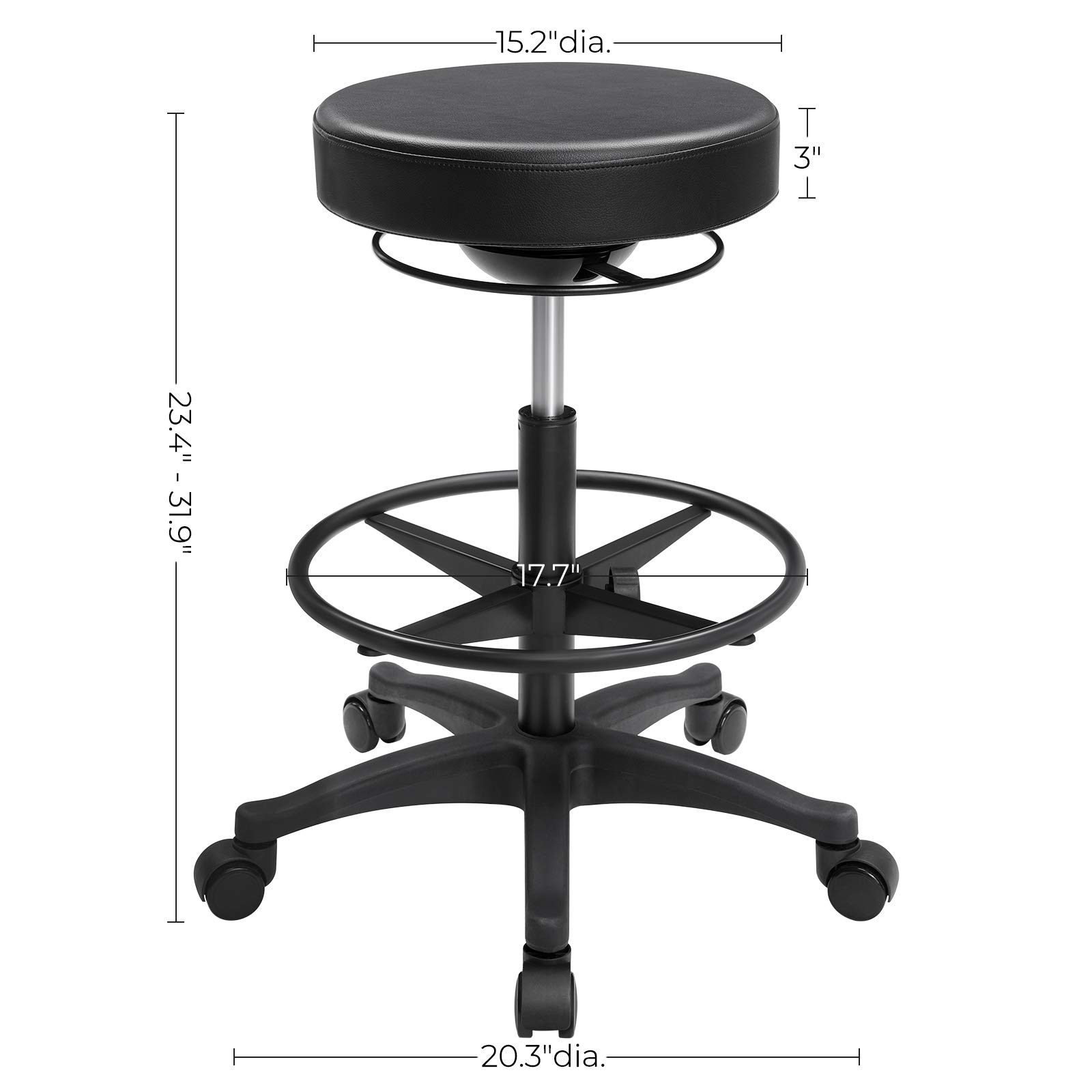 SONGMICS Office Stool Chair, Rolling Standing Stool, Ergonomic Wobble Stool with Adjustable Footrest, Swivel Adjustable Drafting Stool, 23.4-31.9 Inches, Black UOSC007B01