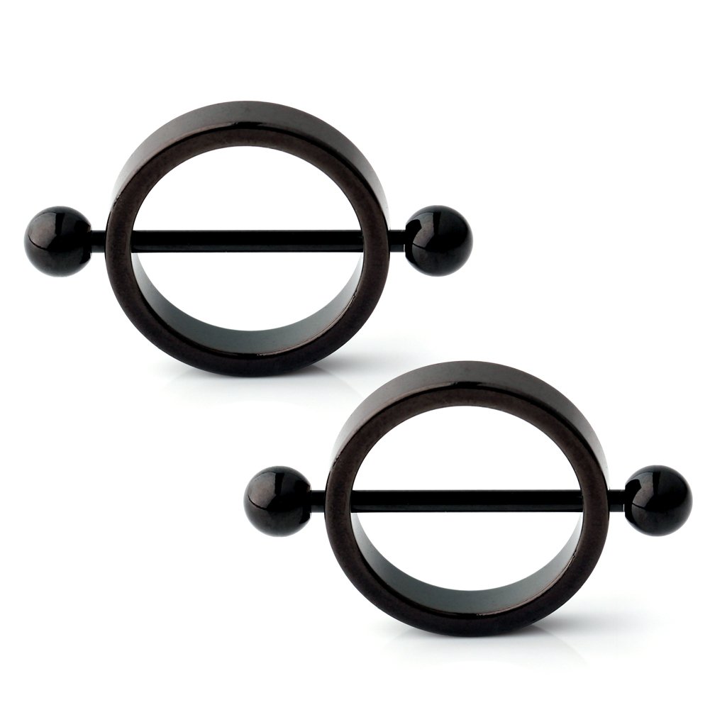 Ruifan 1Pair 14G Black Round Circle Nipple Shield Ring Bars 316L Surgical Steel Bar with Balls Body Piercing Jewelry