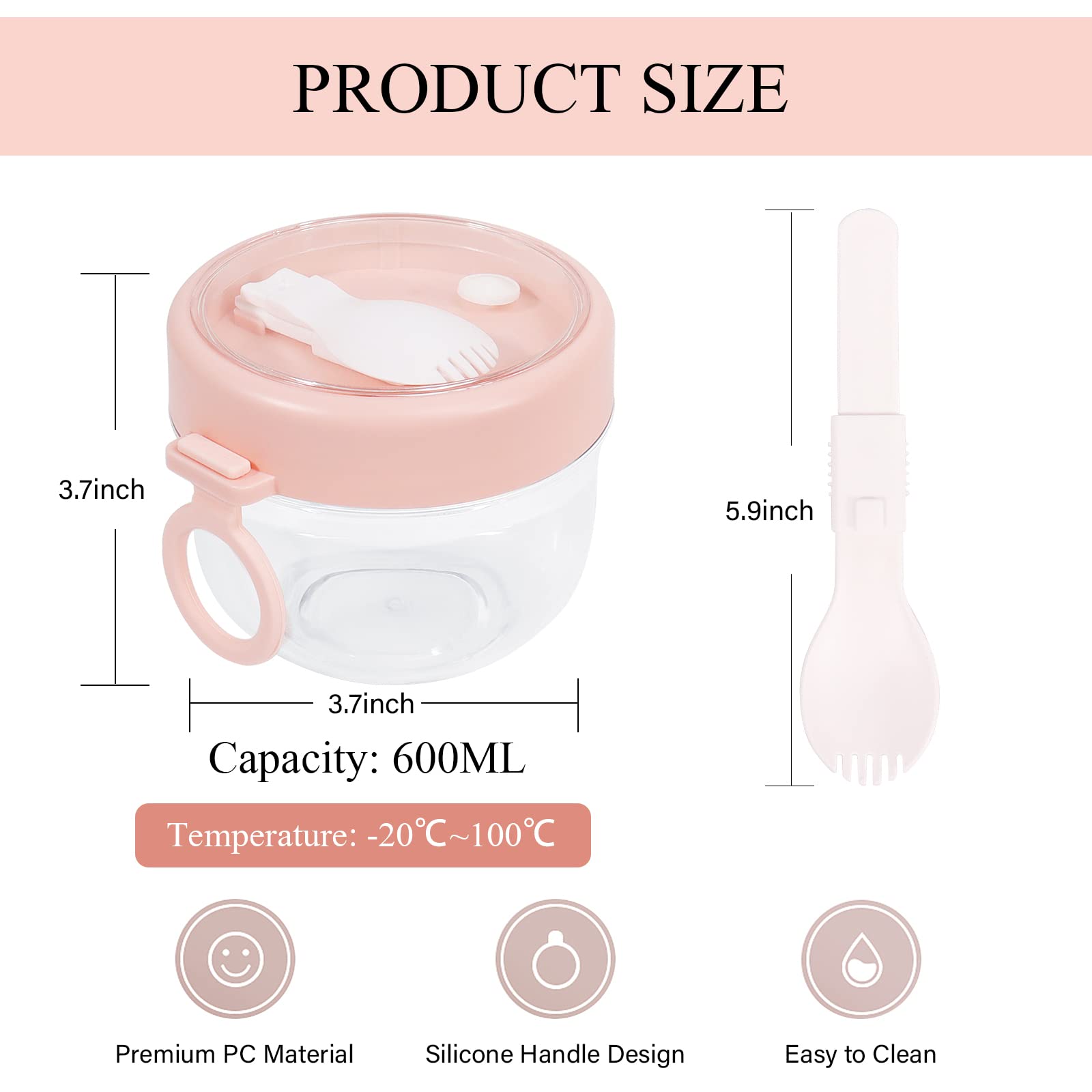 Overnight Oat Containers with Lids and Spoons 2PCS, 20oz Portable Plastic Yogurt Jars, Leak-proof Large Capacity Dessert Cups for Yogurt Breakfast On The Go Cups, Oatmeal Jars Snack Containers