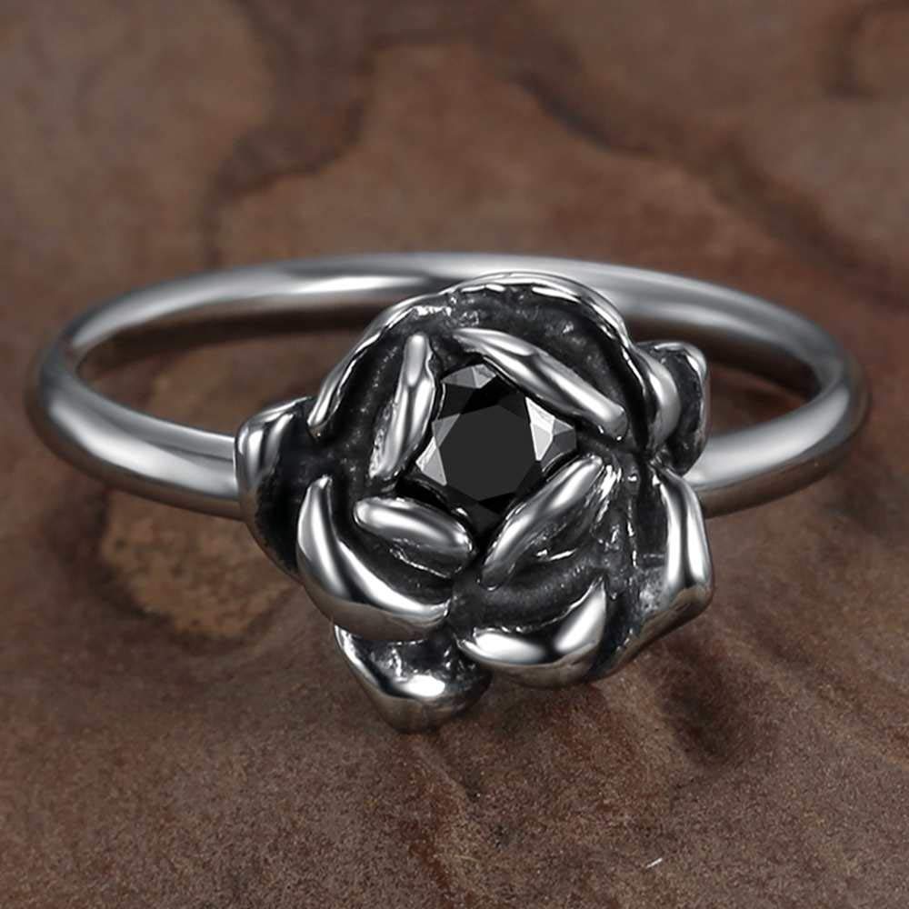 Retro Vintage Stainless Steel Rose Flower Cubic Zircon Statement Promise Anniversary Ring (Black, 7)