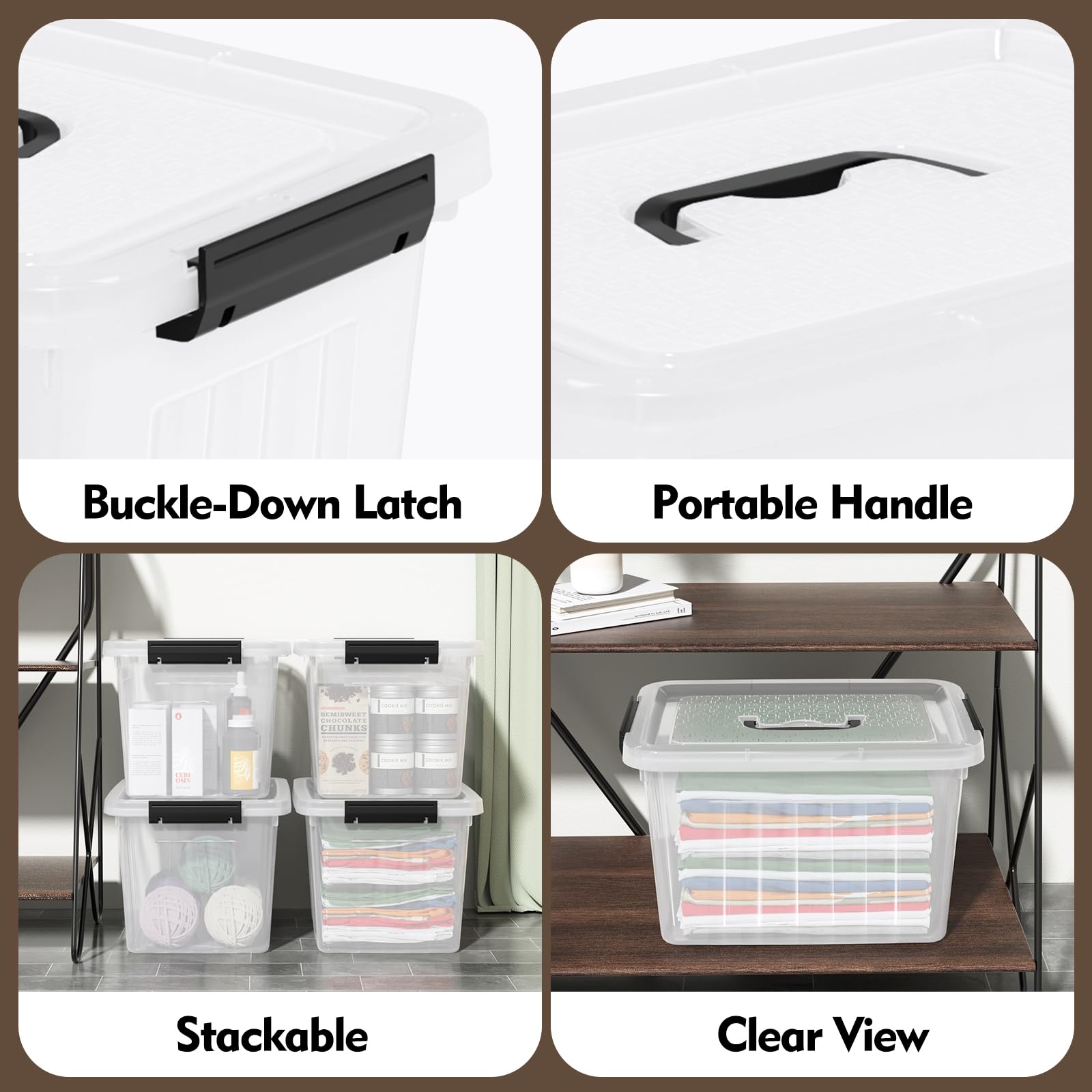 Waikhomes 4 Pack Plastic Storage Boxes, Lidded Storage Bins with Handle, 20L, Clear