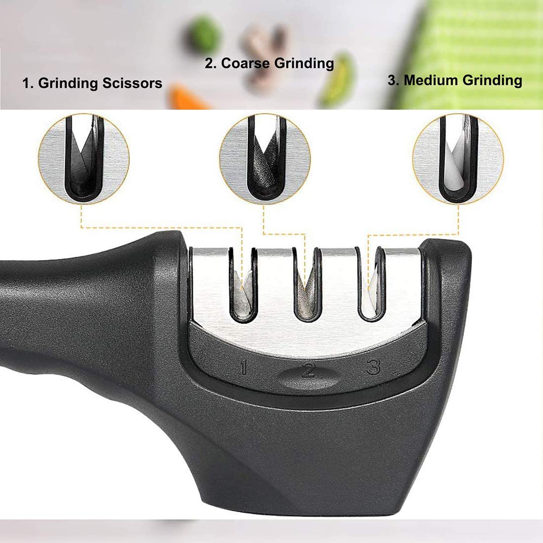 Sharp Knife Sharpener - Professional 3 Stage Manual Sharpener for Sharpening Kitchen Knives - Cerami