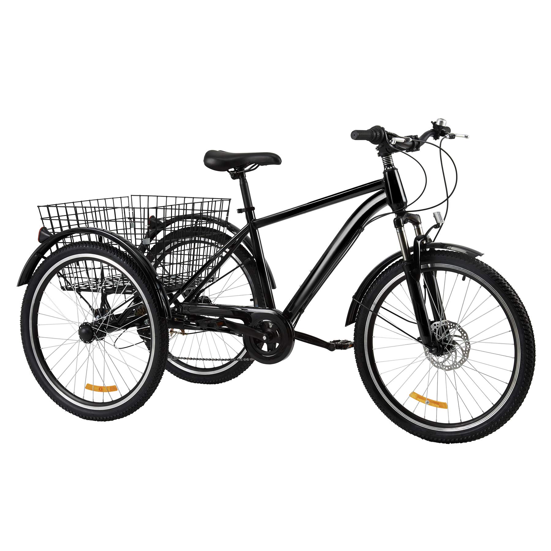 Viribus Mens Tricycle 7 Speed 24" with Front Suspension, Mountain Tricycle with Adjustable Handlebars and Seat, 3 Wheel Bike for Adults Men Women with Basket and Bell