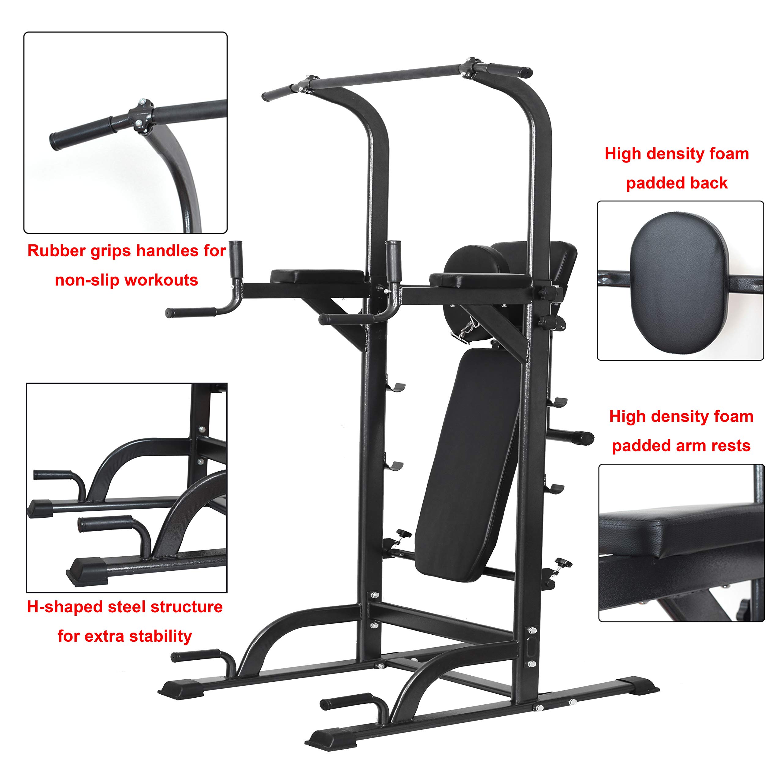 Power Tower Dip Station High Capacity 800lbs w/Weight Sit Up Bench Adjustable Height Heavy Duty Steel Multi-Function Fitness Pull Up Chin Up Tower Equipment for Home Office Gym Dip Stands (Black)