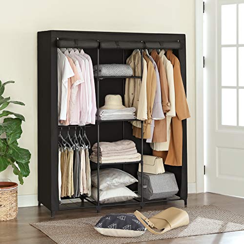 SONGMICS Wardrobe Closet, Non-Woven Fabric Clothes Closet, Mesh Shelves, Clothes Storage Organizer with Door, Black URYM34BK