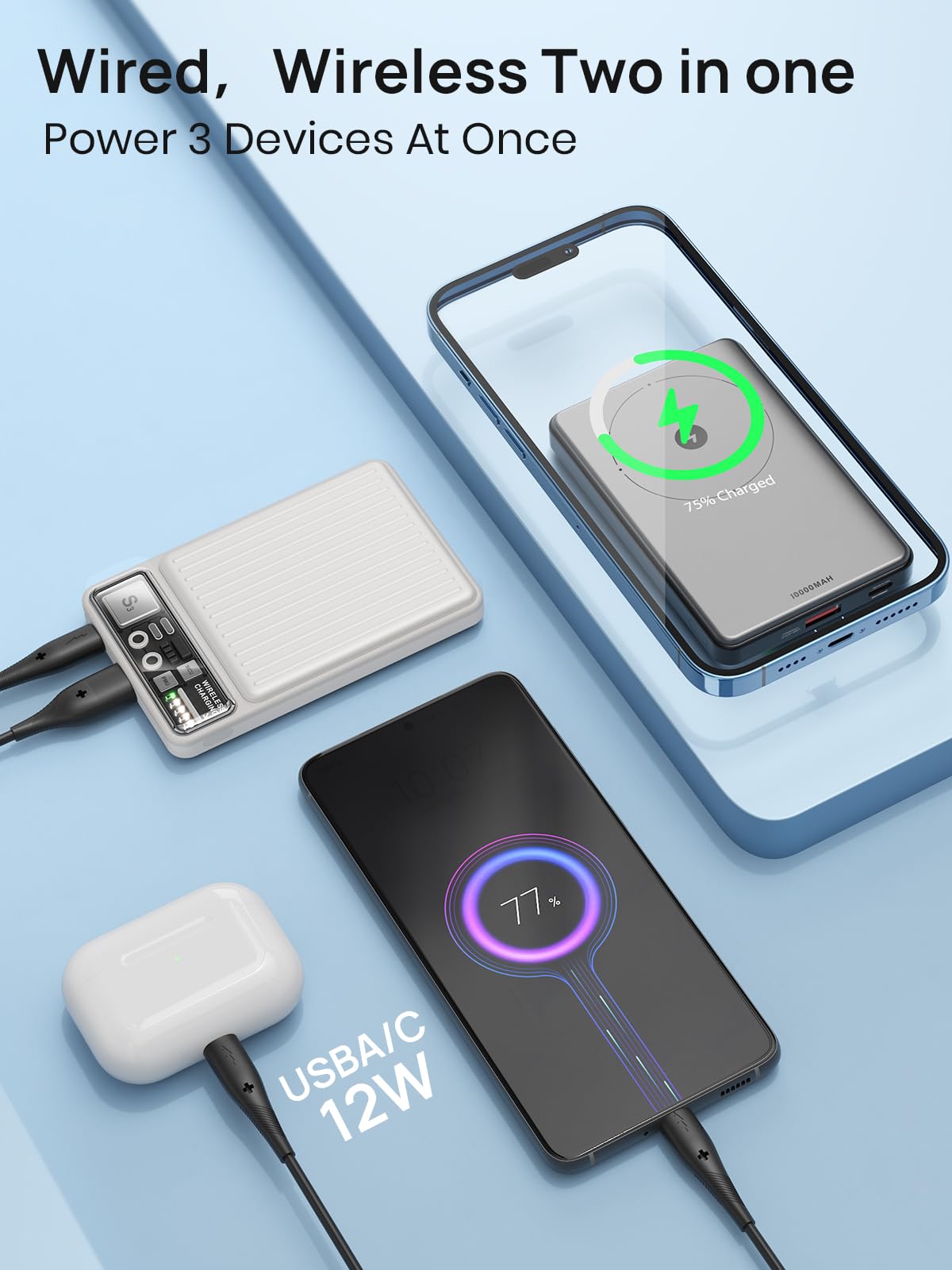 Wireless Magnetic Power Bank,2 Pack 𝟏𝟎𝟎𝟎𝟎𝐦𝐚𝐡 Battery Pack with Super Magnetic,USB A&C,for Magsafe,Mini Wireless Portable Charger Compatible with iPhone 15/14/13/12 Series,Black and Off-white