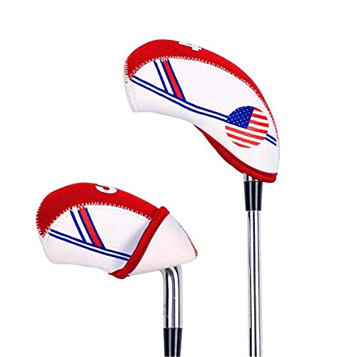 SUNBRO Golf 10Pcs USA Flag Neoprene Golf Club Head Cover Wedge Iron Protective Headcover (Red USA)