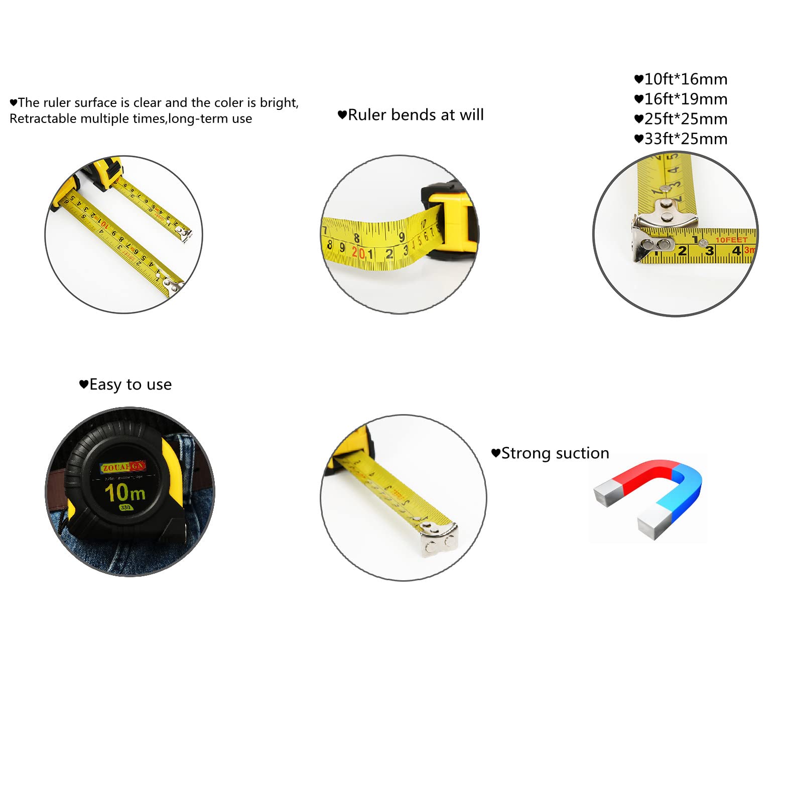 Tape Measure Retractable Metric and Imperial 10ft 16ft 25ft 33ft Measuring Tape with Magnetic Hook Impact Resistant Rubberized Case(25ft)