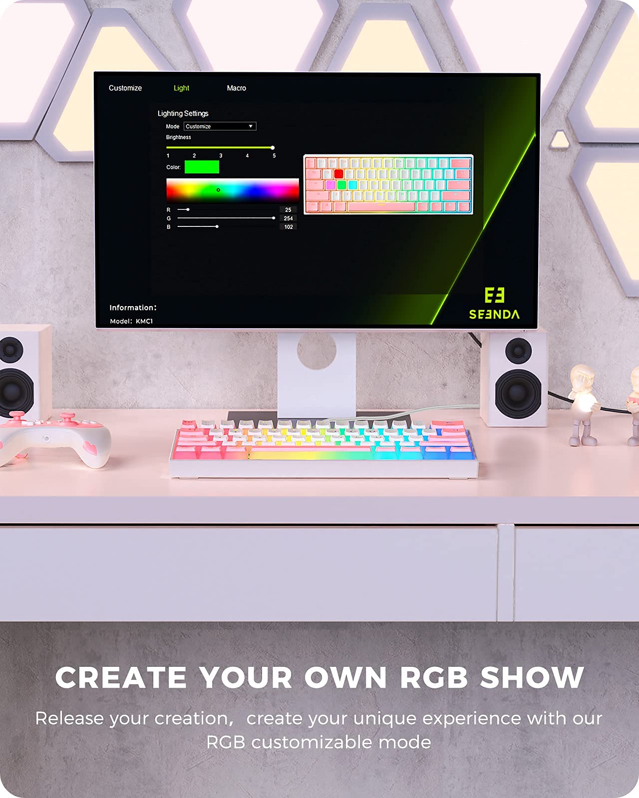 Seenda Pudding Hacker 61 Mechanical Gaming Keyboard, Wired Mini 60% Two-Tone White Pink Keyboard with Customizable RGB Backlit & Fully Programmable Keys, Red Switch and PBT Keycap Mechanical Keyboard