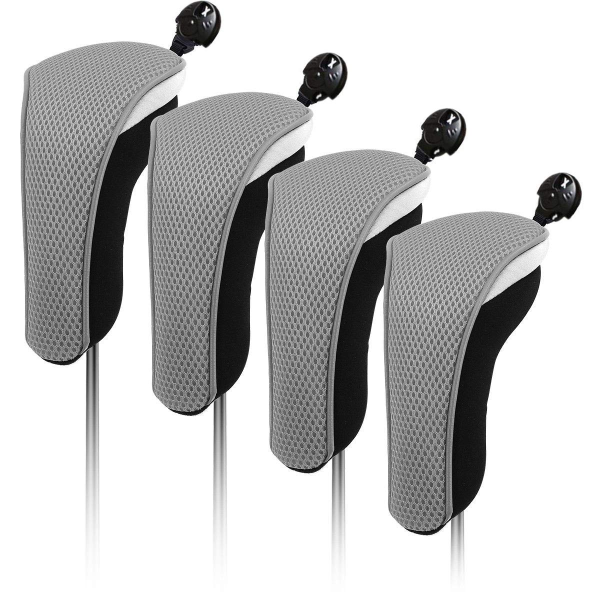 SUNBRO Golf 4pcs Golf Accessories Hybrid Head Covers Set Rescue Headcovers Utility Club Protect Interchangeable Number Tag (Gray)