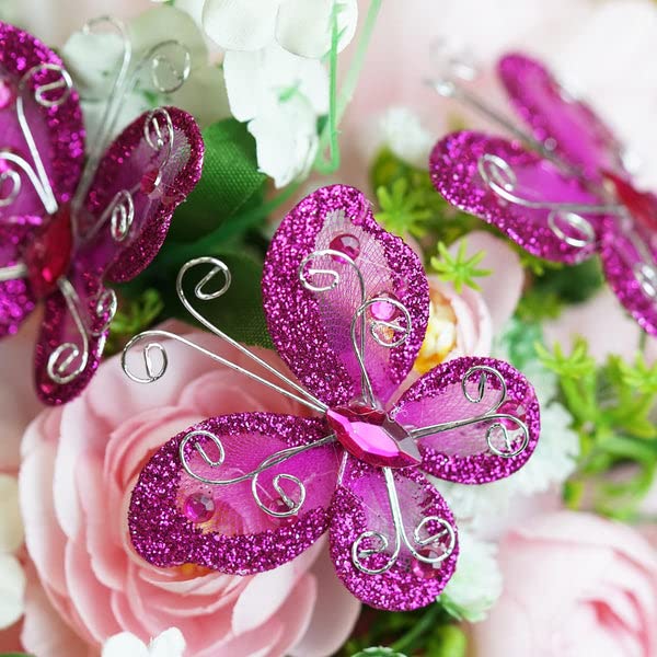 TABLECLOTHSFACTORY 12 Pack Fushia 2" Crystal Studded Organza Butterflies for Wedding Decorations