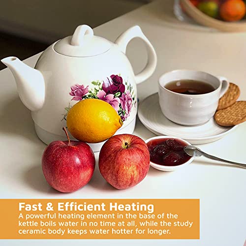 White Country Rose Ceramic Kettle - 1L | Cordless kettle with retro design | Fast boiling with anti-limescale properties | From Jean Patrique